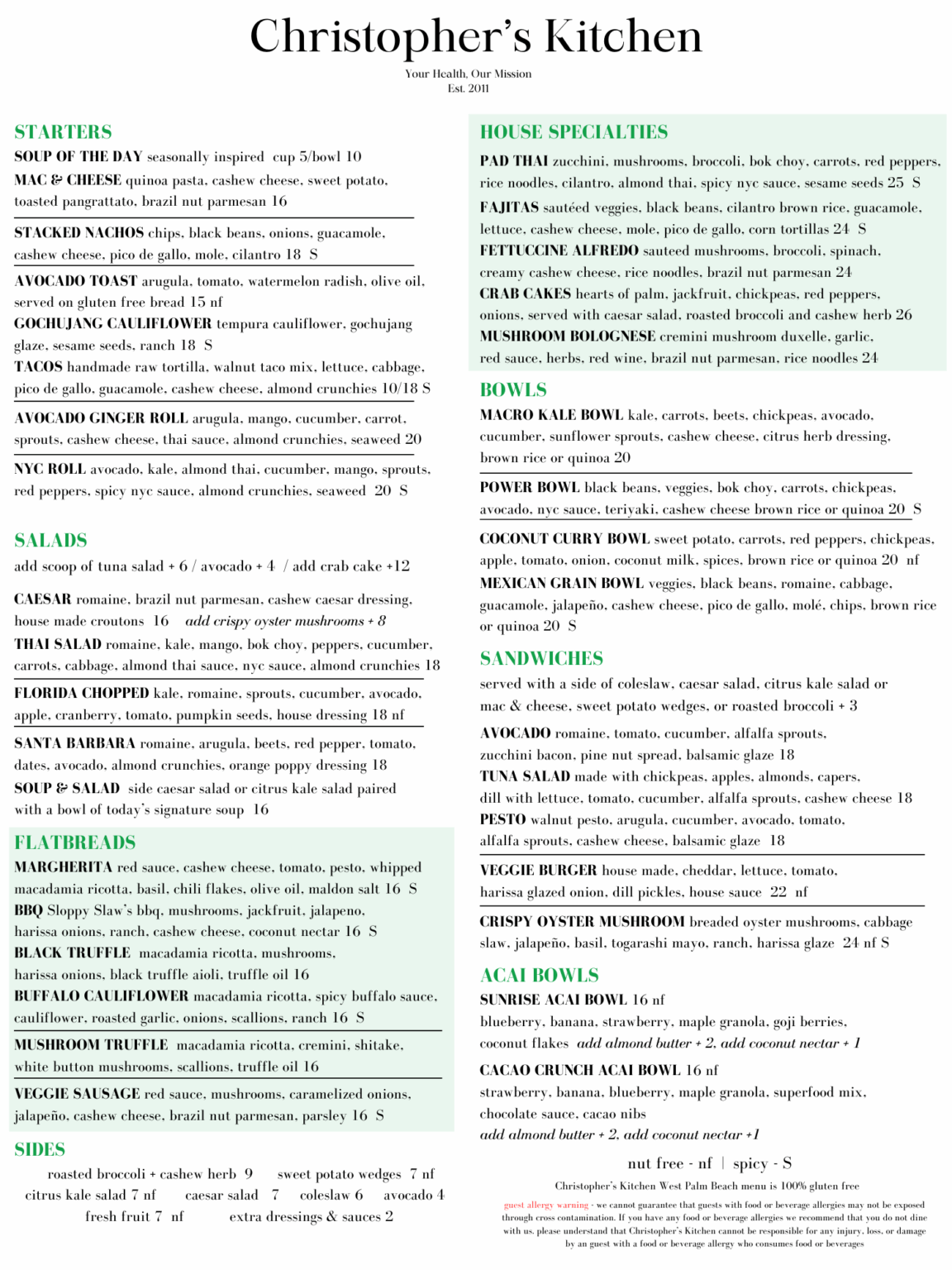 Menu WPB – Christophers Kitchen